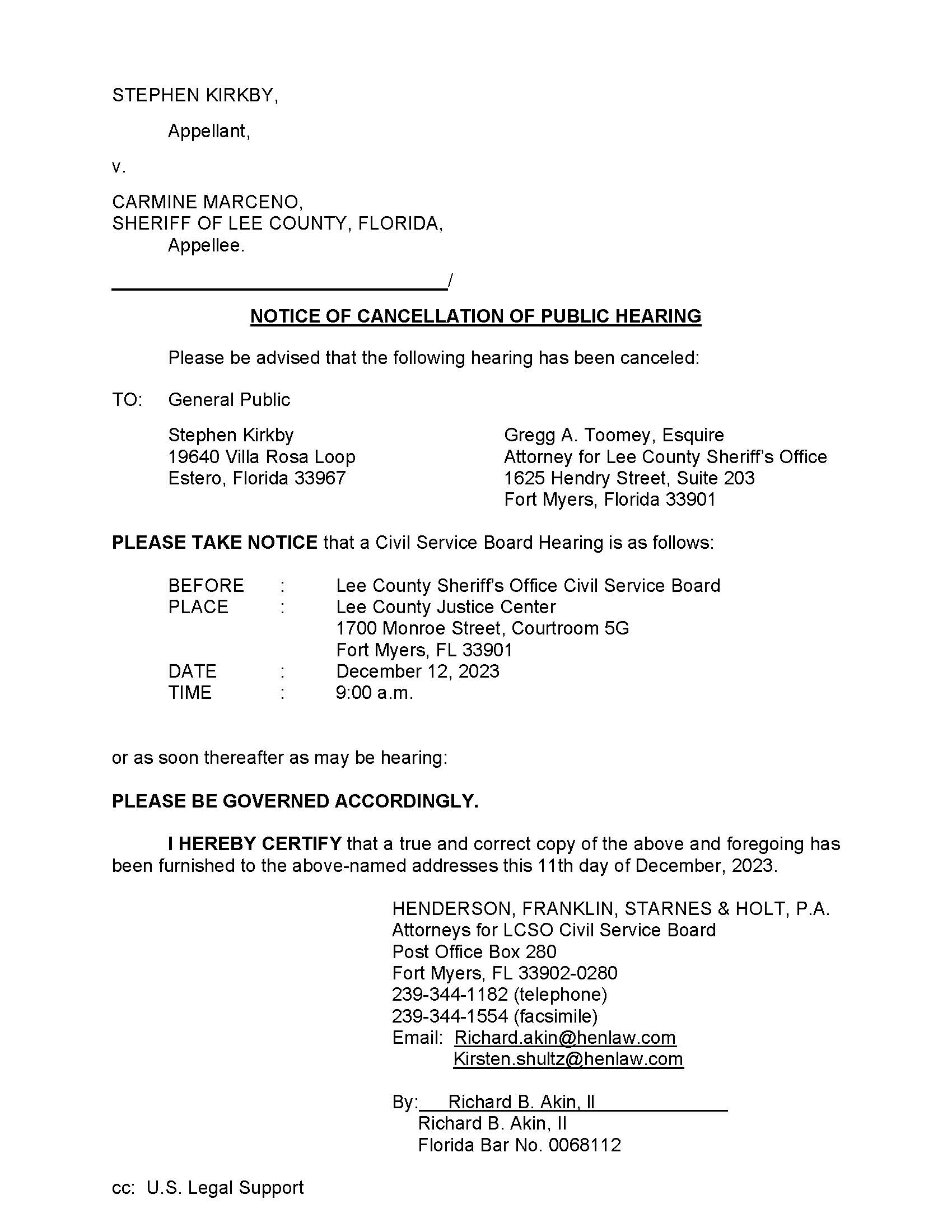Notice of Public Hearing Cancellation